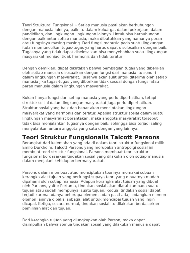 Teori Struktural Fungsional Talcott Parsons | PDF