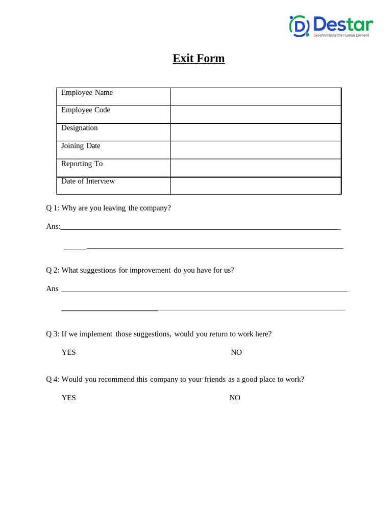 Exit Interview Feedback Form | PDF