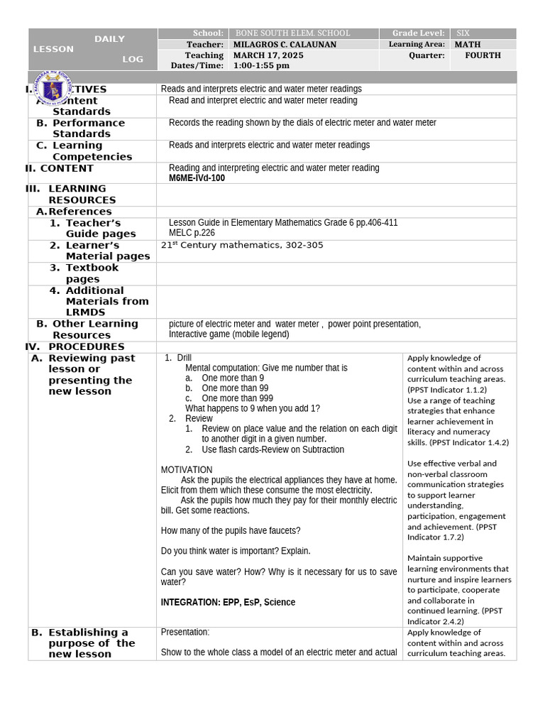 Math6 Cot DLP 4thq Check Ed FMR | PDF | Learning | Literacy
