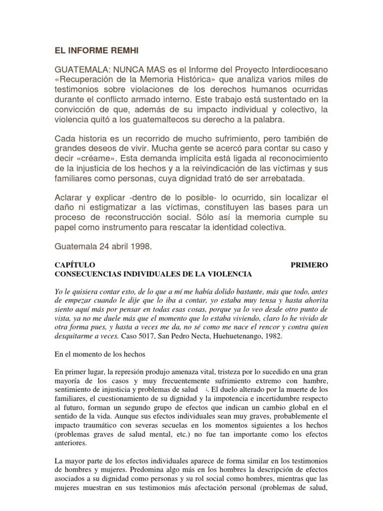 Informe REMHI: Memoria Histórica en Guatemala | PDF | Testimonio | Temor