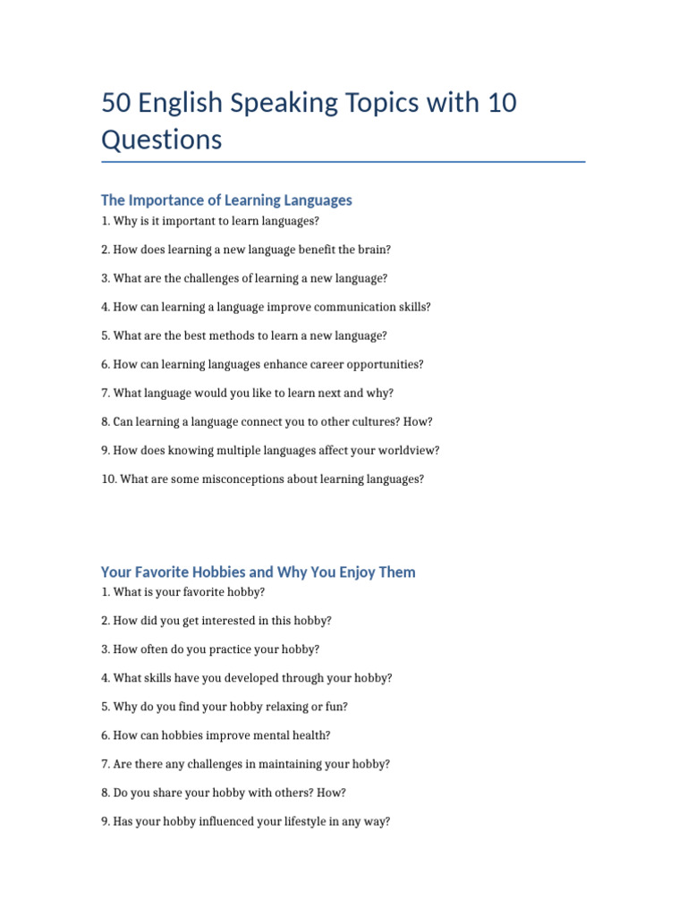 50 Topics for English Speaking Practice | PDF | Climate Change ...