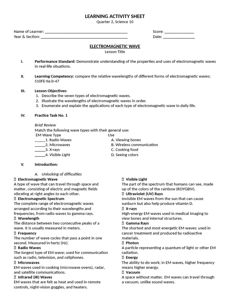 Electromagnetic Waves Learning Sheet | PDF | Electromagnetic Radiation ...