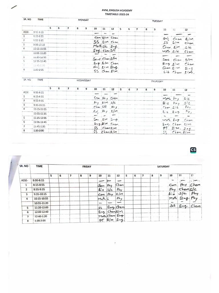 Timetable - 10th To 12th | PDF