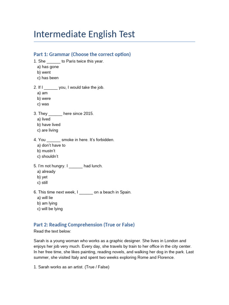 Intermediate English Test | PDF