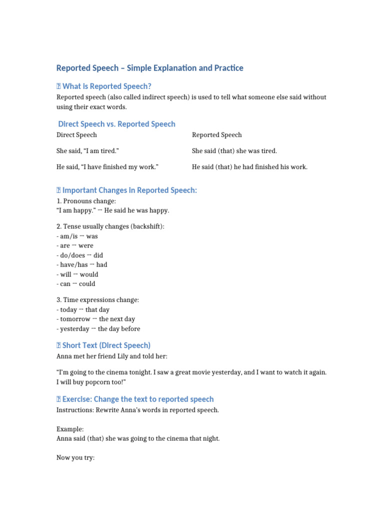 Reported Speech Explanation and Exercise | PDF