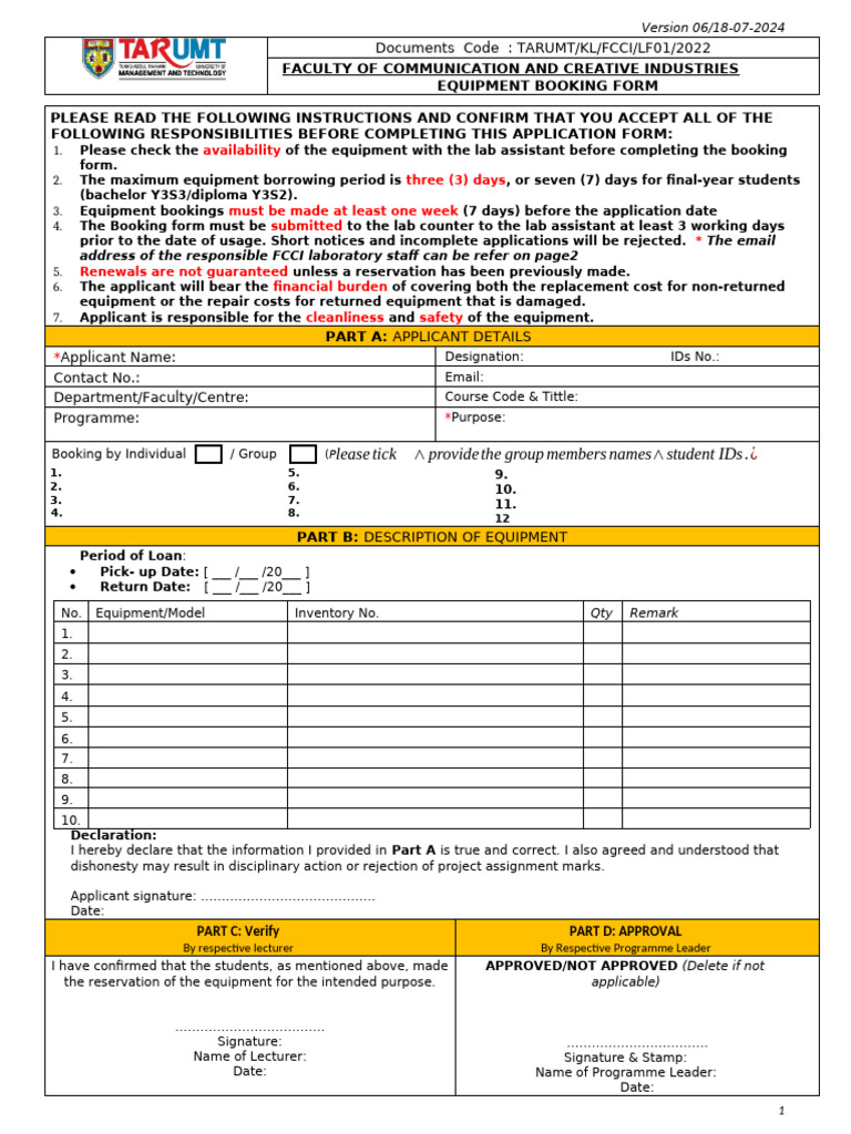 Equipment Booking Form Version 06 | PDF