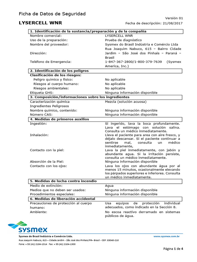 Ficha de Seguridad de Lysercell WNR | PDF | Agua