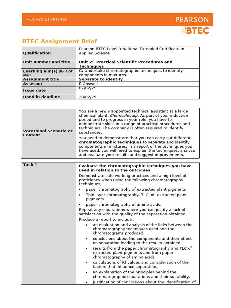 Unit 2 Learning Aim C Assignment Brief | PDF | Chromatography | Thin ...
