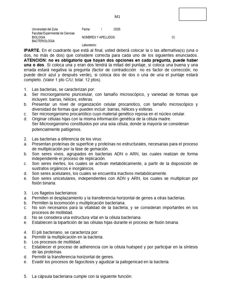 Examen Bacterio Bio Sin R | PDF | Las bacterias | Biología Celular)