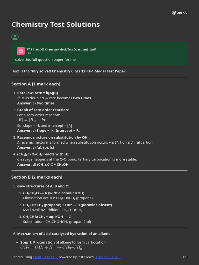 Chemistry Test Solutions | PDF | Organic Chemistry | Chemistry