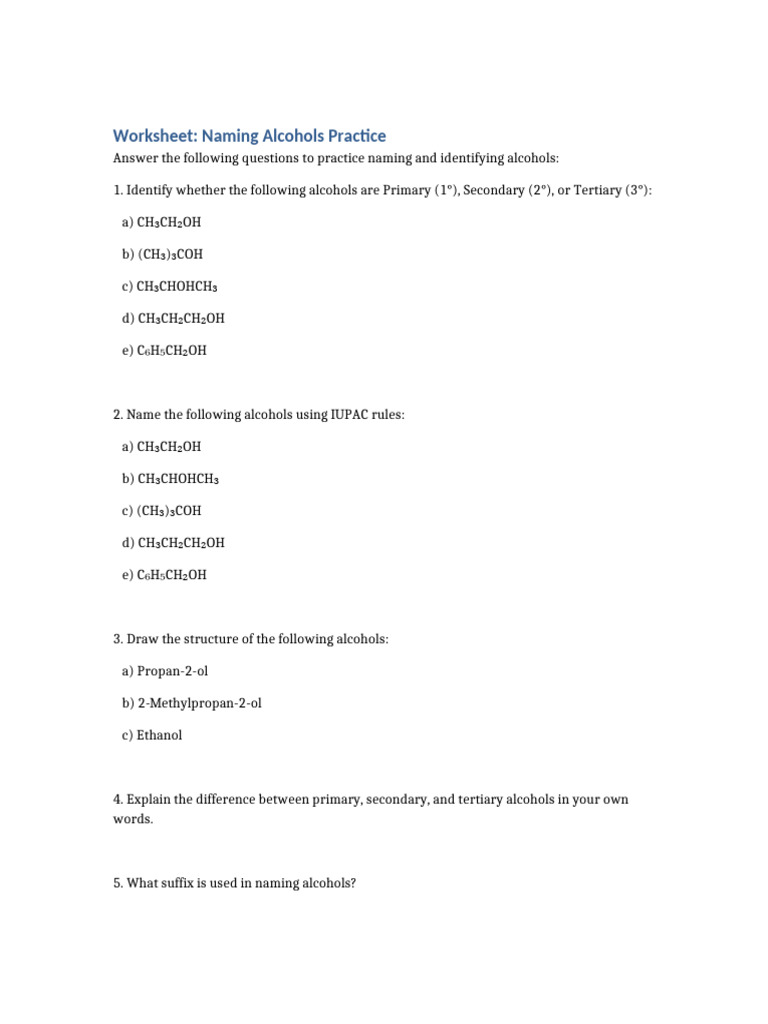 Alcohol Naming Practice Worksheet | PDF