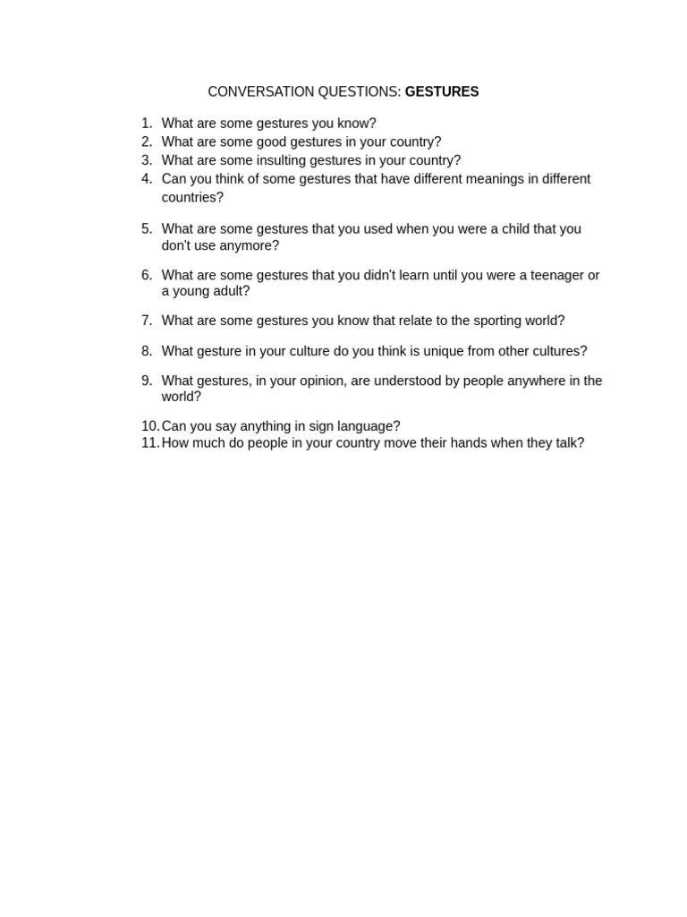 Conversation Questions Gestures | PDF