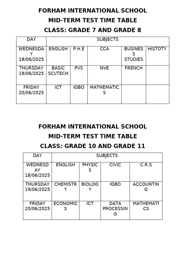 Grade 7 Mid-Term Test Schedule 2025 | PDF