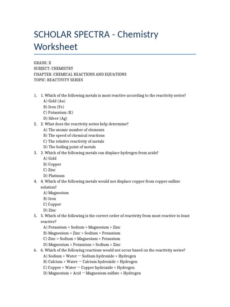 Reactivity Series Questions | PDF