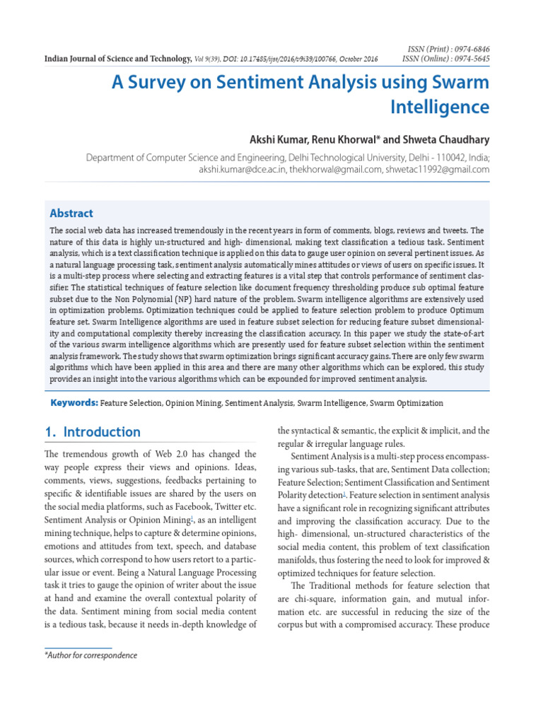 A Survey On Sentiment Analysis Using Swarm Intelligence | PDF | Mathematical Optimization ...