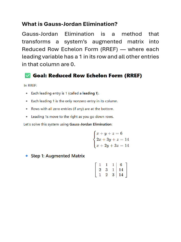 Gauss-Jordan Elimination and How It System Solve | PDF