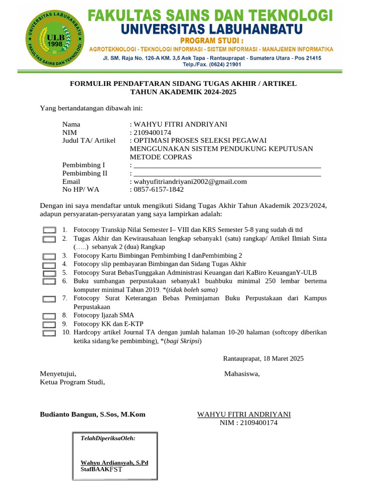 Formulir Pendaftaran Sidang Bagan Sari Finall | PDF