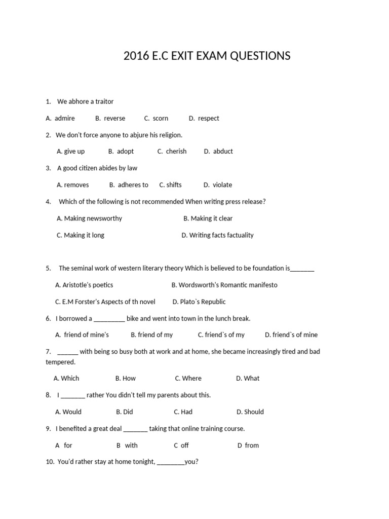 2016 E.C. Exit Exam Questions Overview | PDF | Phonology | Translations