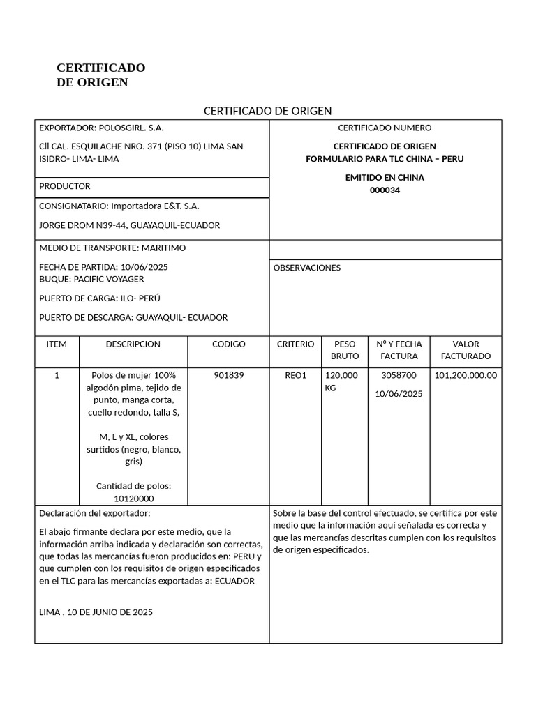 Certificado de Origen | PDF