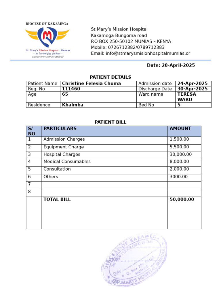 St Mary’s Hospital Bill for 2025 | PDF
