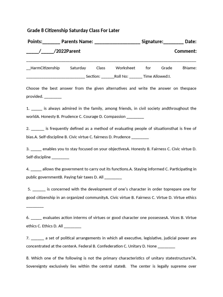 Grade 8 Citizenship Worksheet | PDF | Virtue | Prudence
