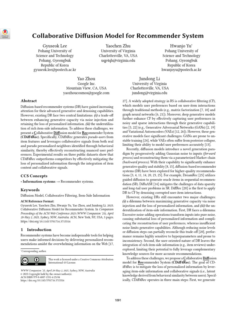 Collaborative Diffusion Model For Recommender System | PDF | Cognitive Science | Artificial ...