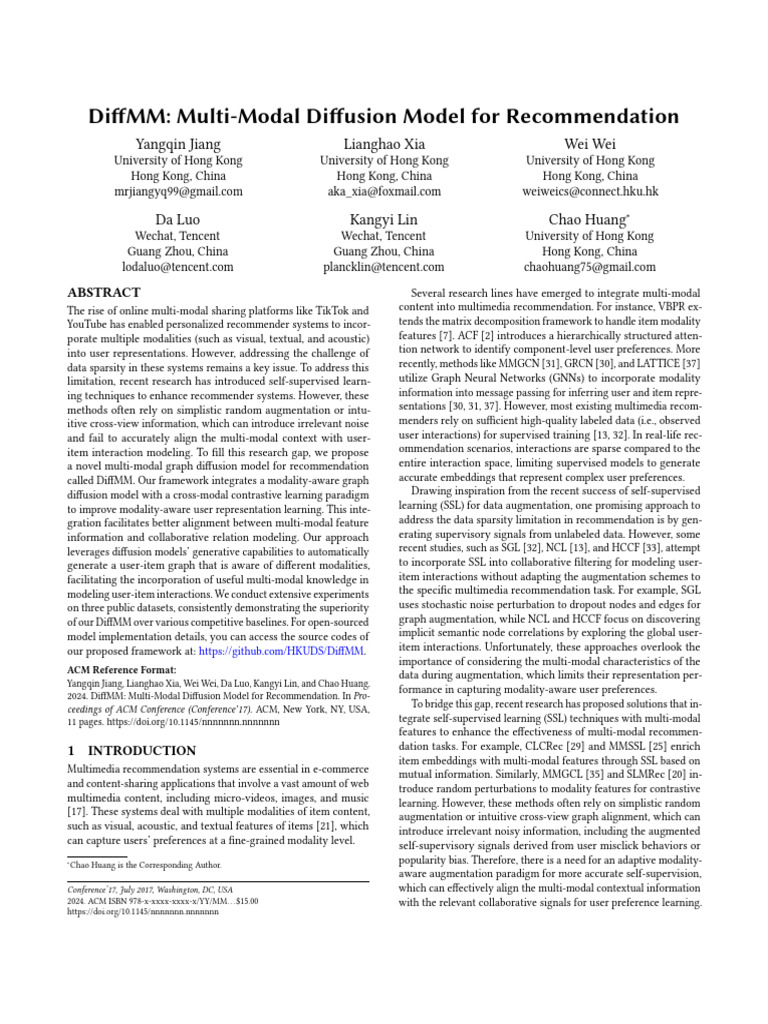DiffMM - Multi-Modal Diffusion Model For Recommendation | PDF | Learning | Applied Mathematics