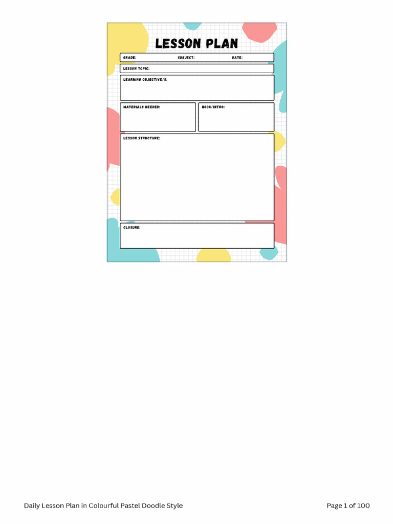 Daily Lesson Plan in Colourful Pastel Doodle Style | PDF