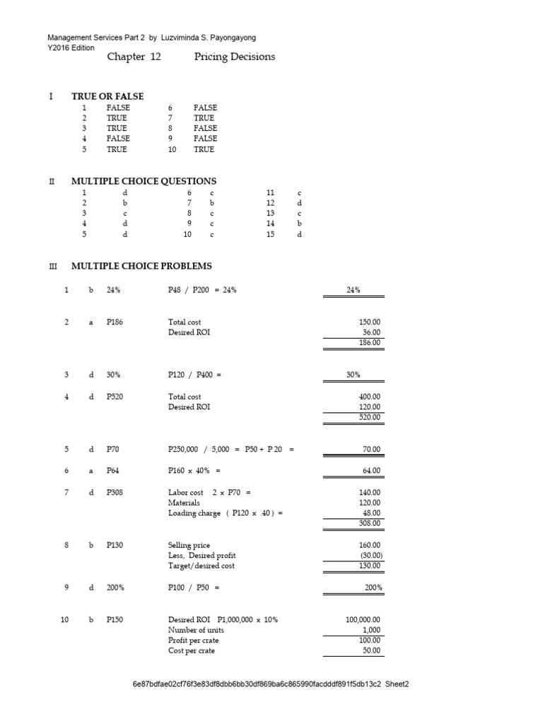 STRACOMA - CH12 Pricing Decisions KEY | PDF | Economies | Business ...
