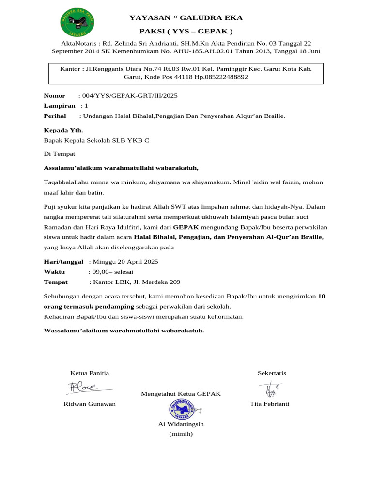 Undangan Halbil Kepsek SLB YKB A | PDF