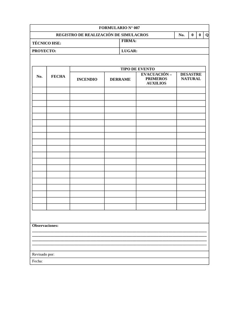 Formulario 007 Realización Simulacros | PDF