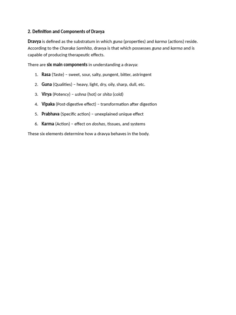 Guna Karma Charaka Samhita Guna Karma: 2. Definition and Components of Dravya Dravya | PDF