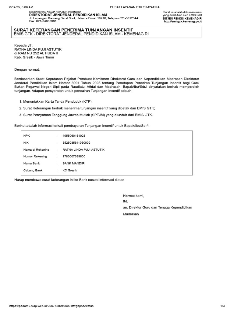 Surat Pengantar TFG Bu Ratna | PDF