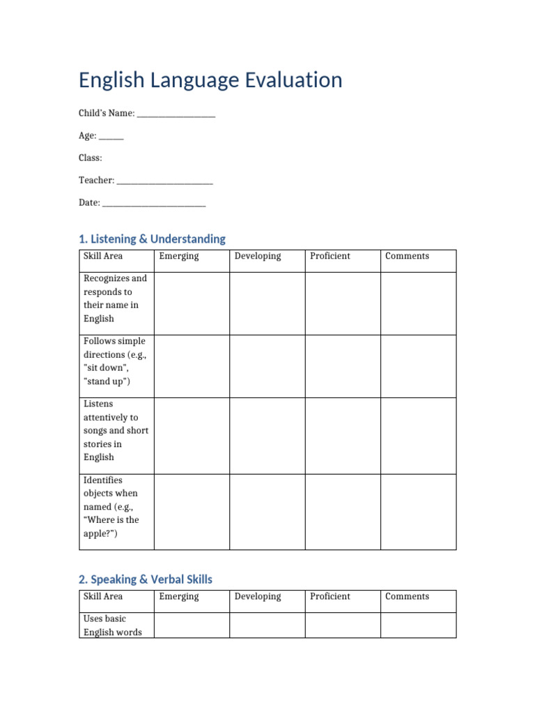 ESL Student Evaluation Form | PDF