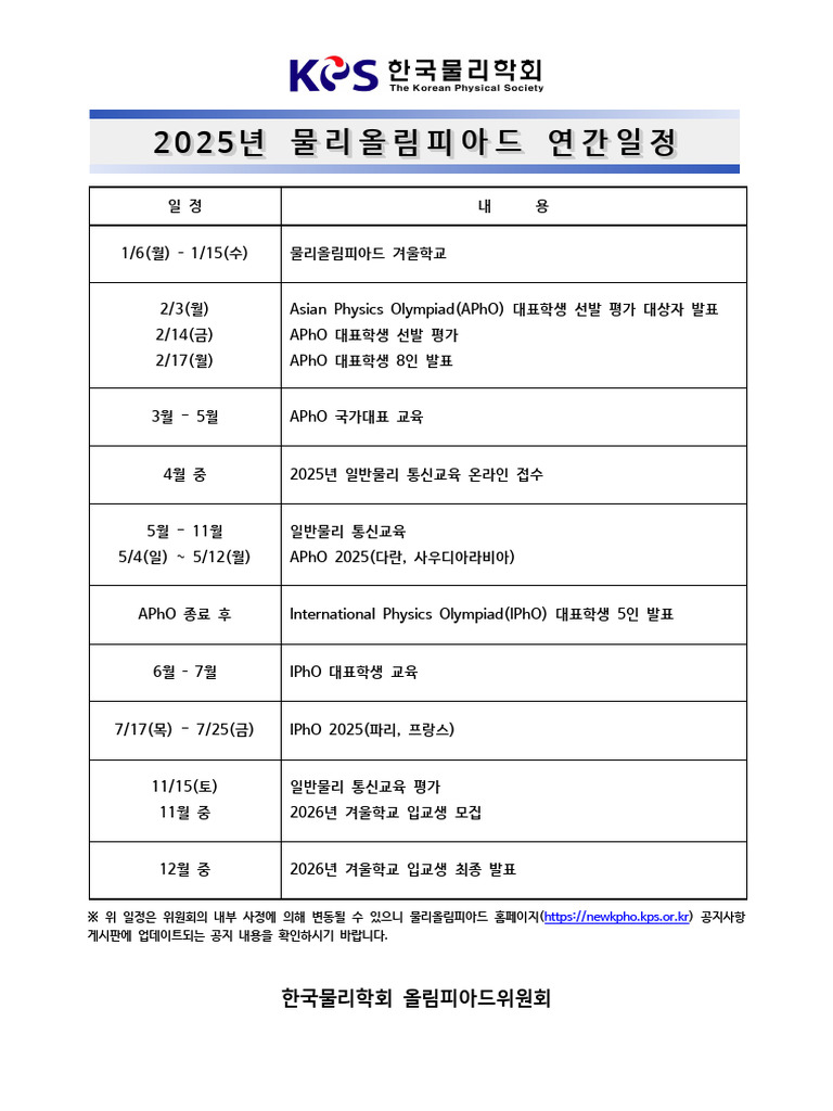 2025년 KPhO 연간일정 | PDF