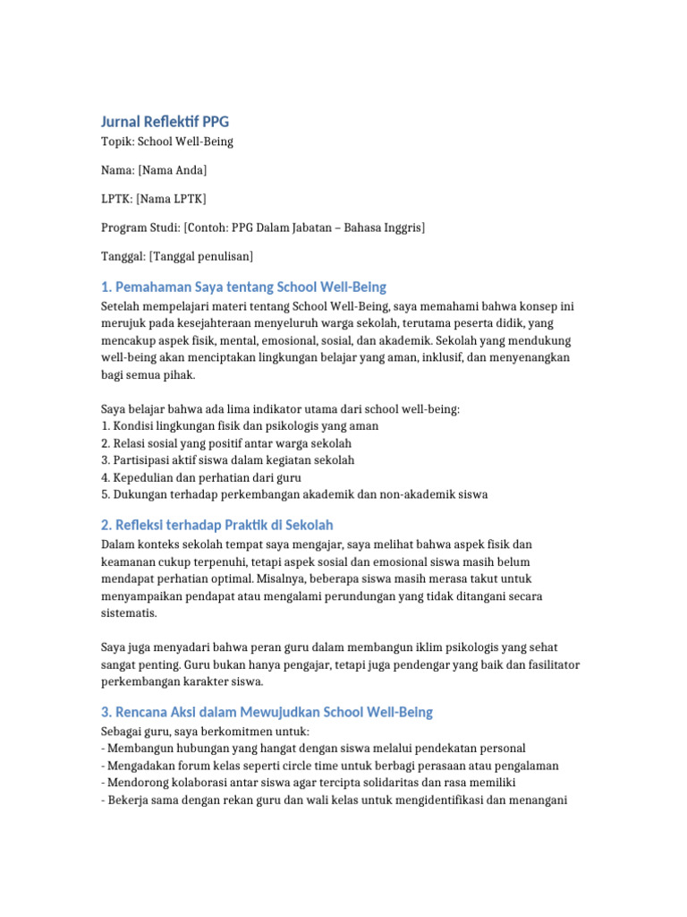 Jurnal Reflektif PPG School WellBeing | PDF