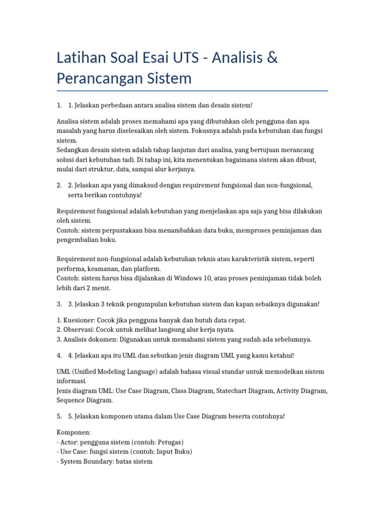 Latihan Soal Esai UTS Analisa Perancangan | PDF