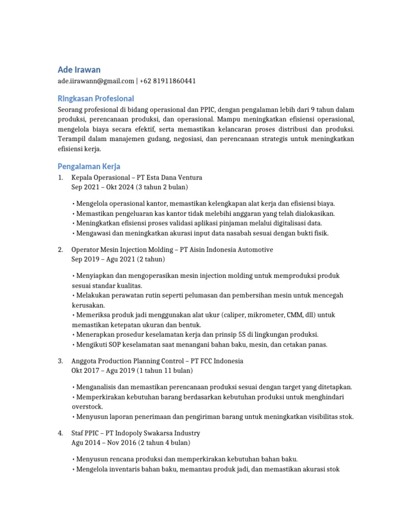 CV Ade Irawan Bahasa Indonesia | PDF