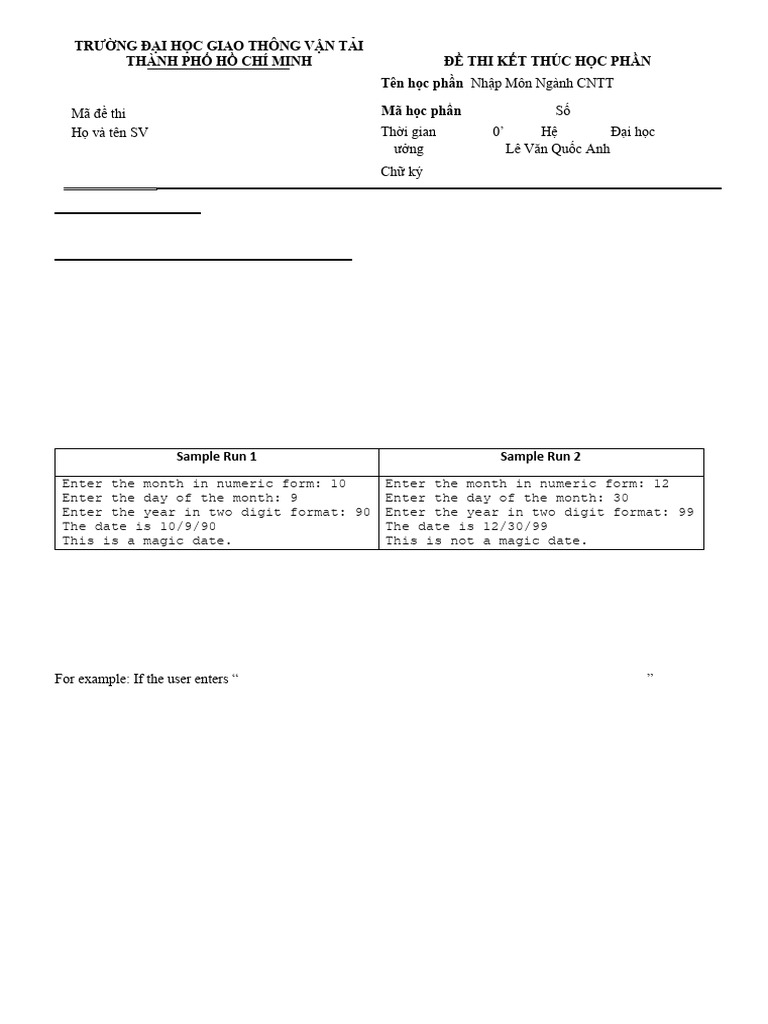 De Thi Nhap Mon Nganh CNTT 03 A | PDF