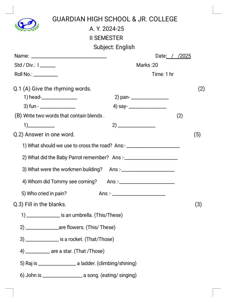 ENGLISH SEM II (1) STD 1st | PDF