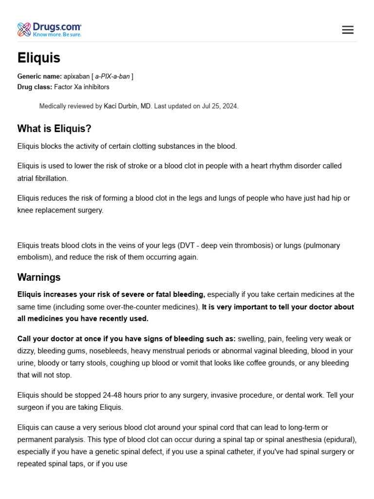 Eliquis - Uses, Dosage & Side Effects Information | PDF | Thrombosis ...