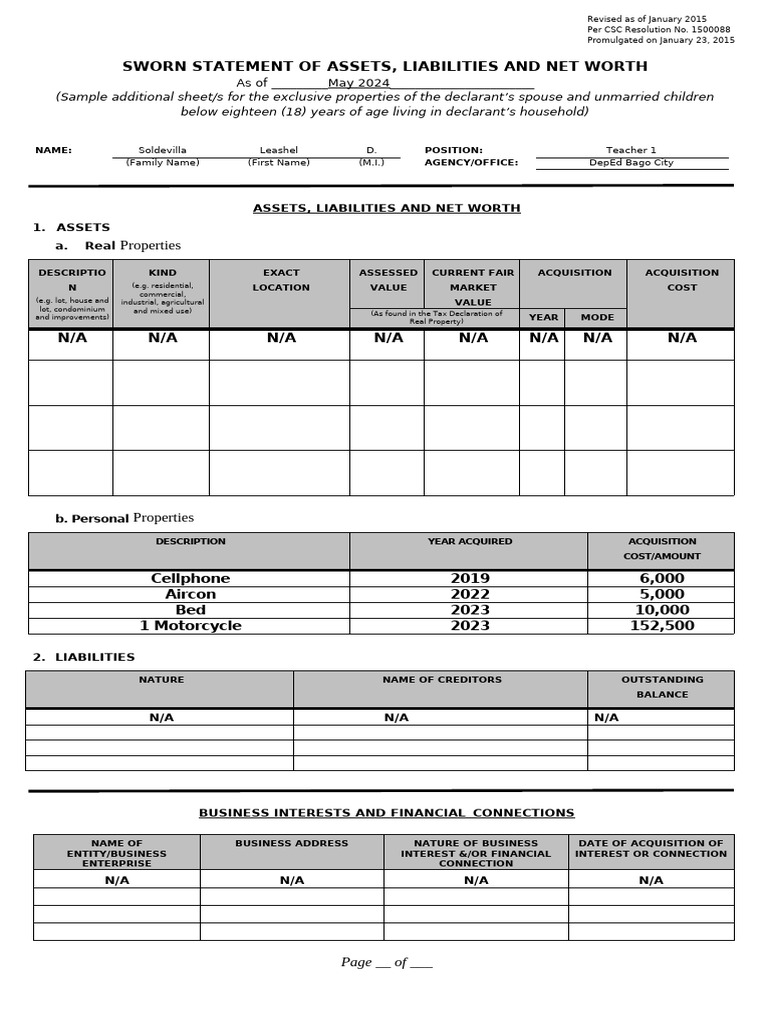 2015 SALN Additional Sheets 2 | PDF | Net Worth | Balance Sheet