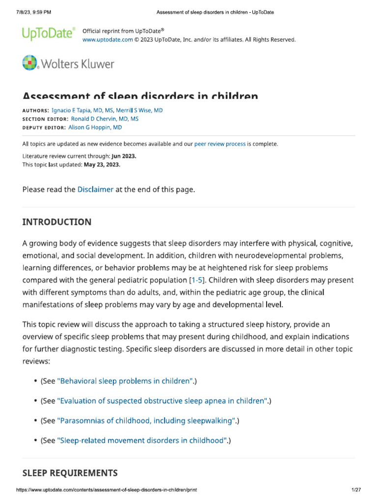 Assessment of Sleep Disorders in Children - UpToDate | PDF