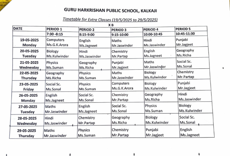 Extra Classes Timetable: May 2025 | PDF
