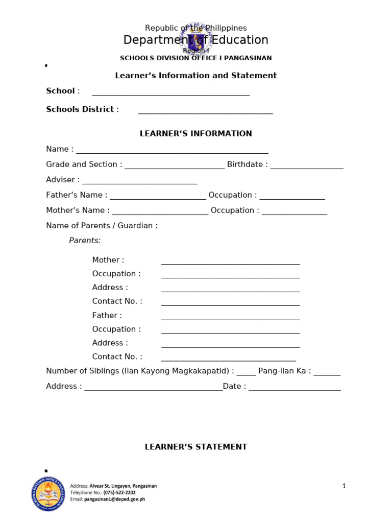 Learners Information and Statement - Template | PDF