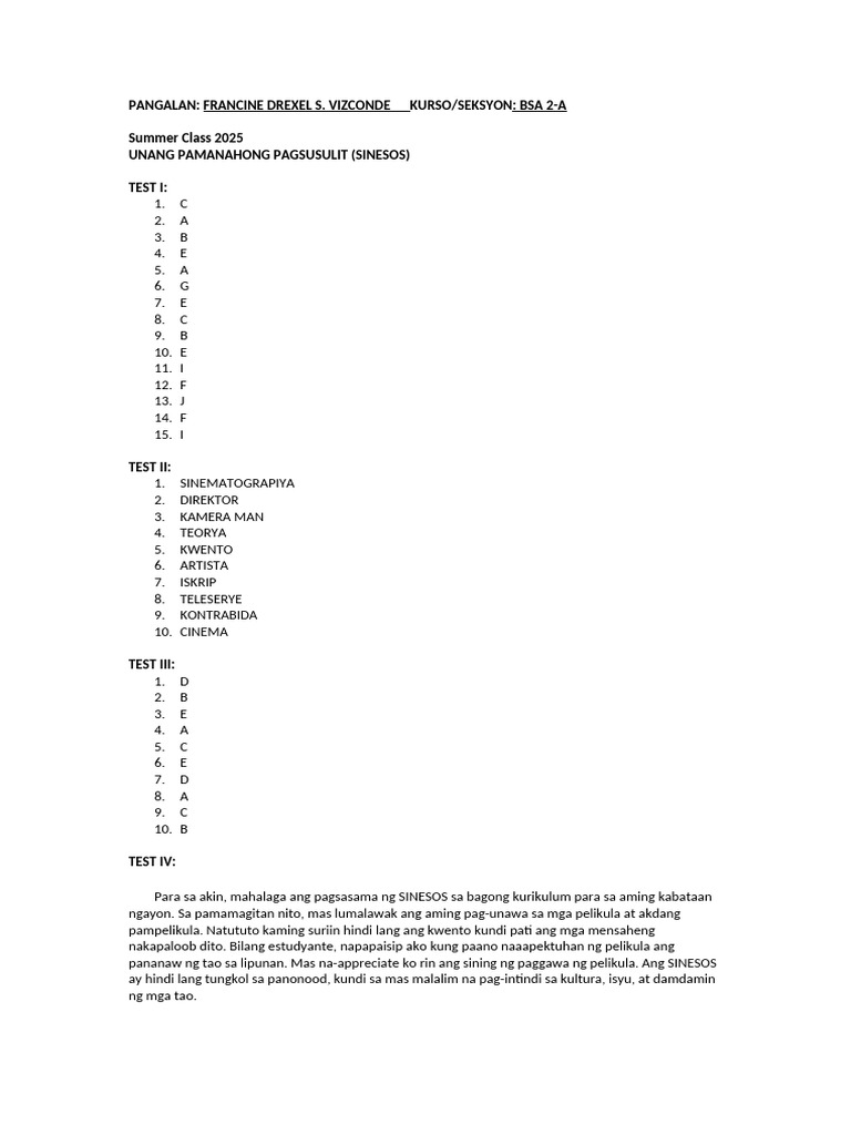 Prelim Sinesos Summer Class | PDF