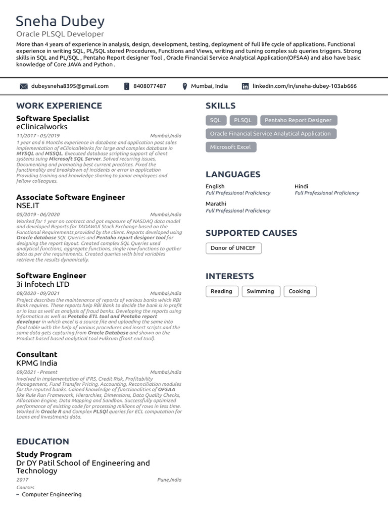 Resume Sneha | PDF | Microsoft Sql Server | Pl/Sql