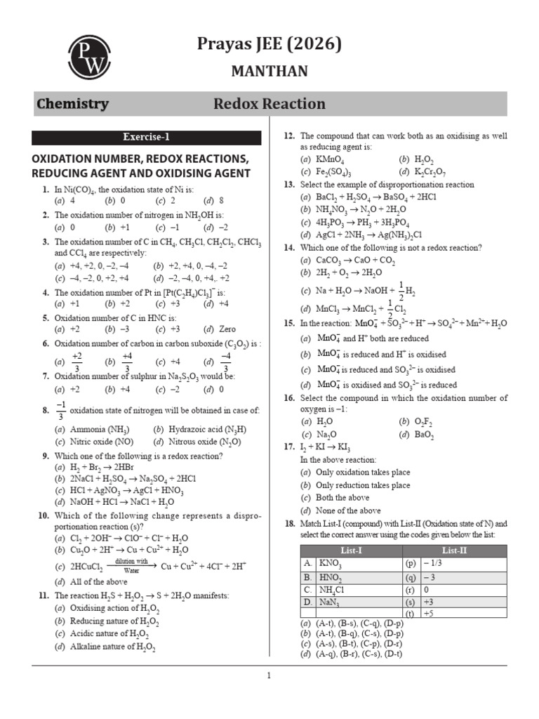 Redox Reaction - Standard Practice Sheet (JEE Mains) - Manthan | PDF | Redox | Chlorine