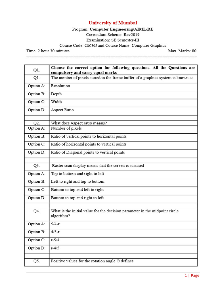 0301 Rev2019 CSC305 CG QP | PDF | Data Buffer | Computer Graphics