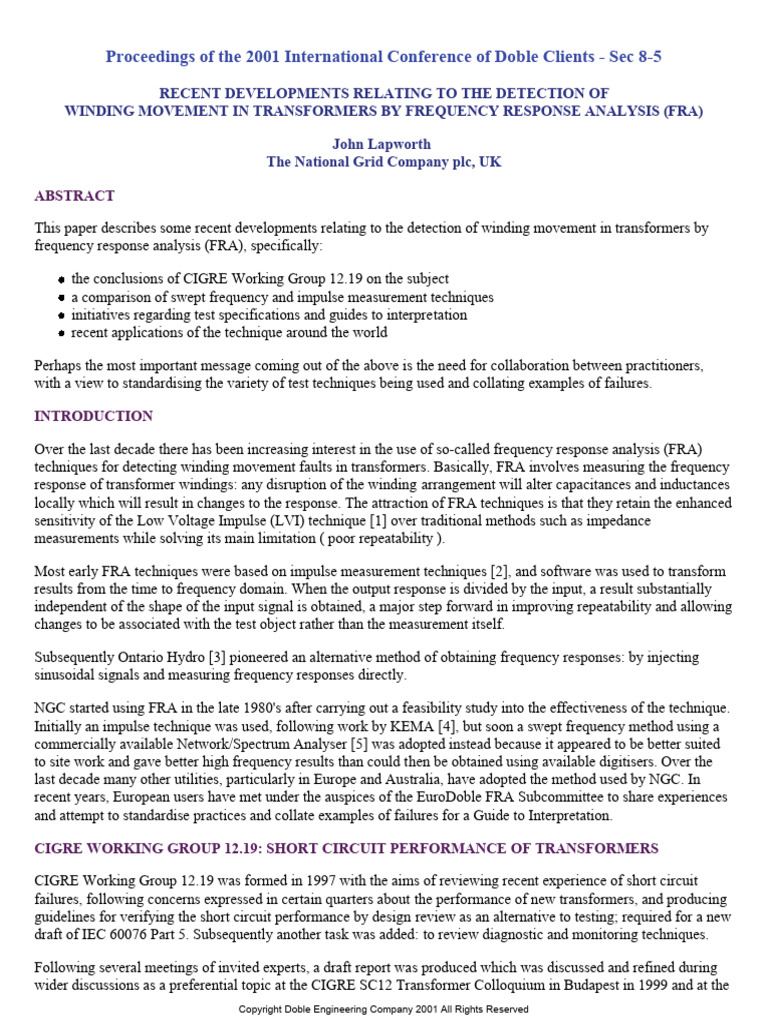 Winding Movement in Transformers by Frequency Response Analysis | PDF | Transformer | Electrical ...